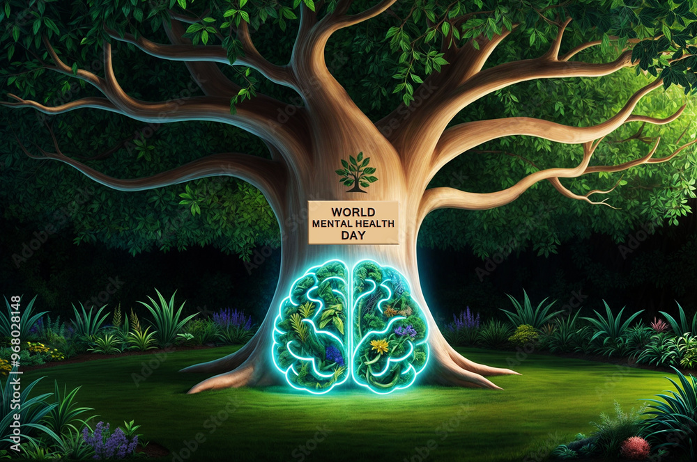A symbolic digital artwork showing a tree with a brain at its center ...
