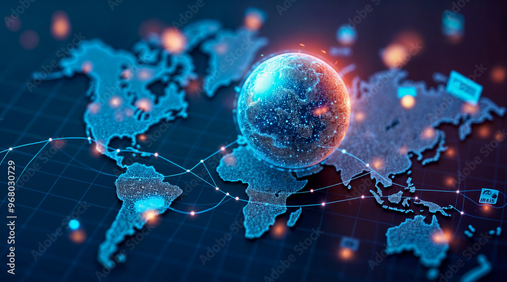 Digital world map with glowing interconnected network, featuring ...