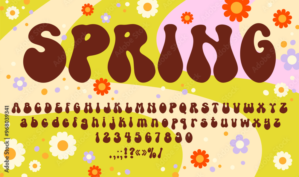Poster 70s groovy psychedelic font with funky hippy type or 60s trippy typeface, vector retro ...