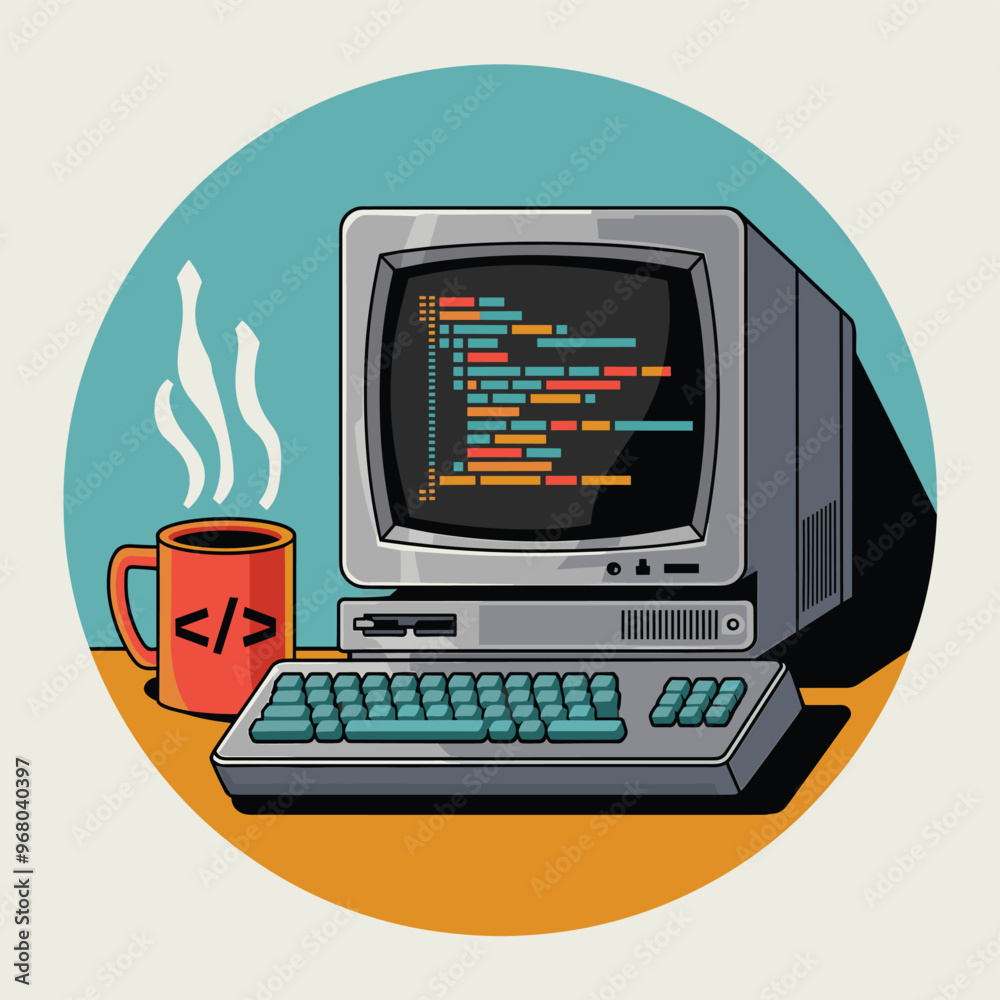 A retro computer setup featuring a classic monitor and a coffee mug ...