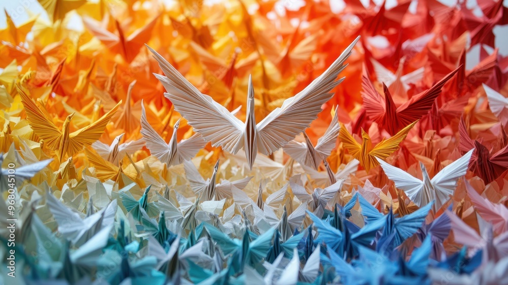 origami crane display, beautifully arranged origami cranes showcase the ...