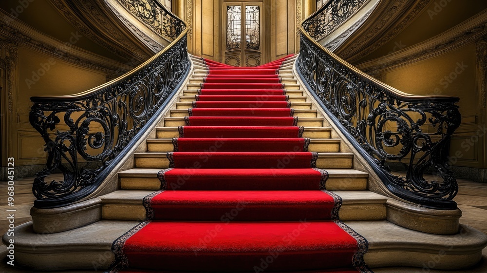An elegant staircase in a grand mansion, with wrought iron railings and ...