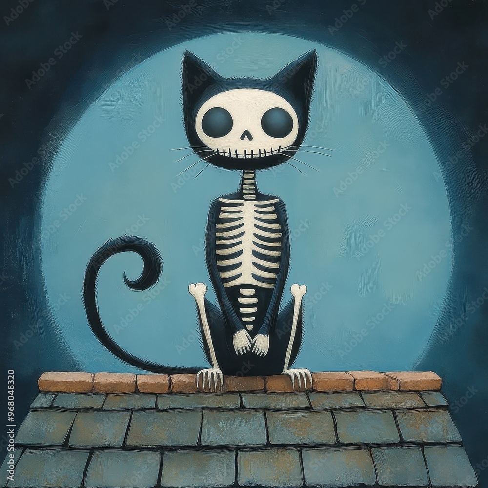 Cat in a skeleton costume standing on a Halloween-themed rooftop ...