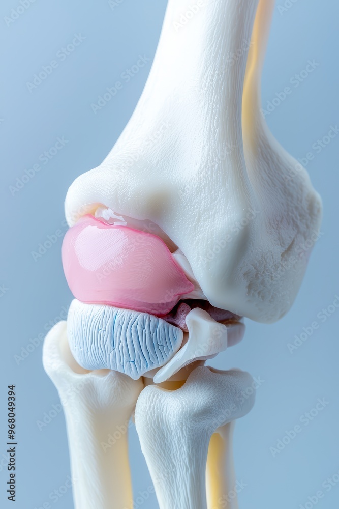 Cutaway view of the knee joint, showing detailed layers of cartilage ...
