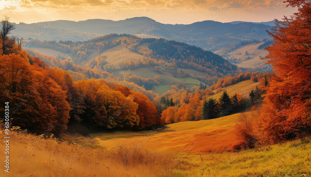 Autumn landscape featuring fall foliage in Burnt Orange, Olive Green ...