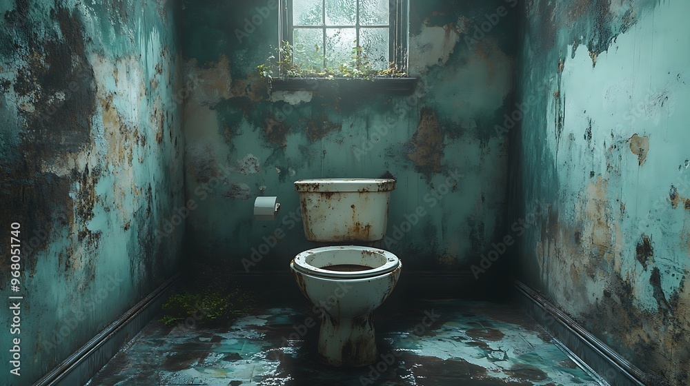 A rusty toilet in a dilapidated bathroom with peeling green paint and a ...