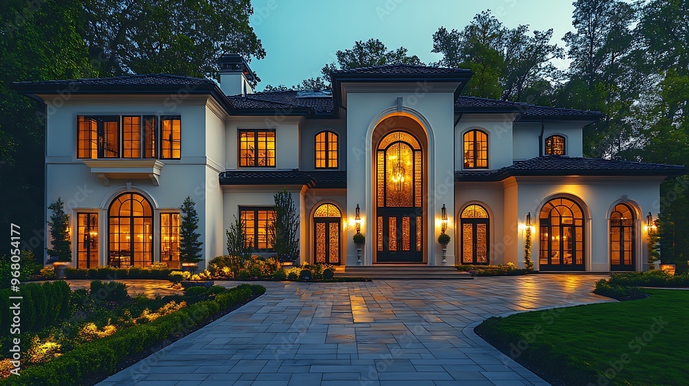 A modern, white mansion with a large front door, arched windows, and a ...