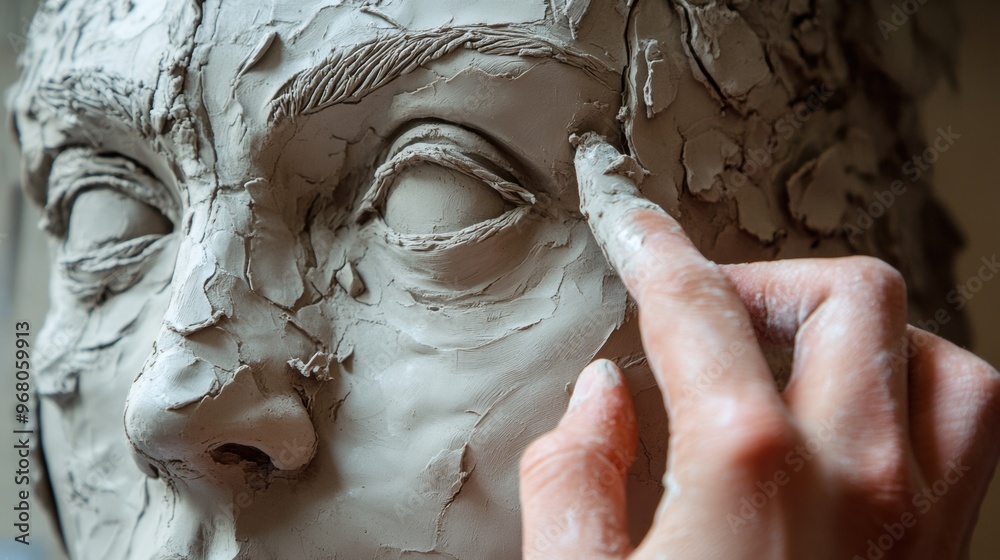 Artist meticulously sculpting a detailed clay face in a studio ...