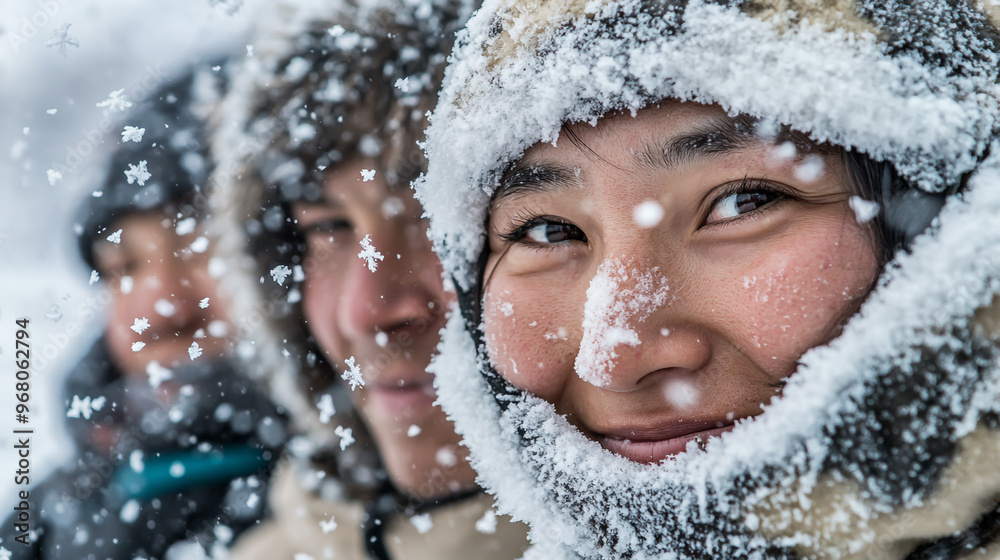 Portrait of Inuit people in traditional looking at the camera, smiling ...