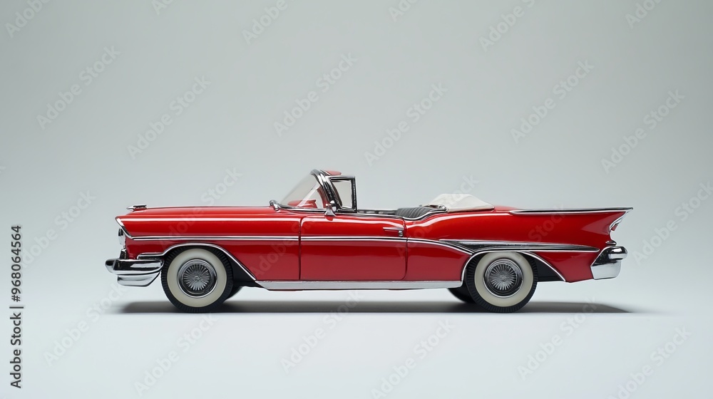 A classic red retro automobile figurine with black wheels is parked on ...