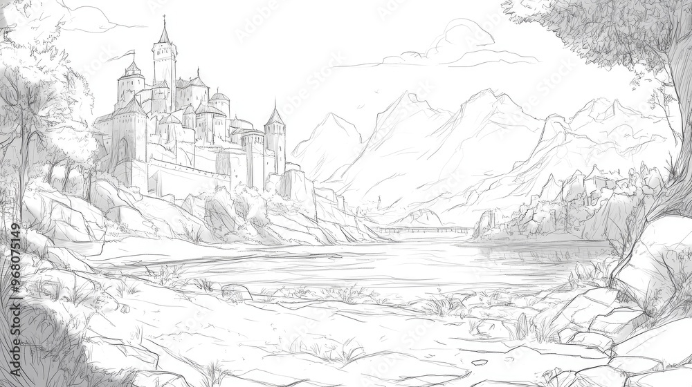 Line art illustration of a pencil sketch depicting a scenic landscape ...