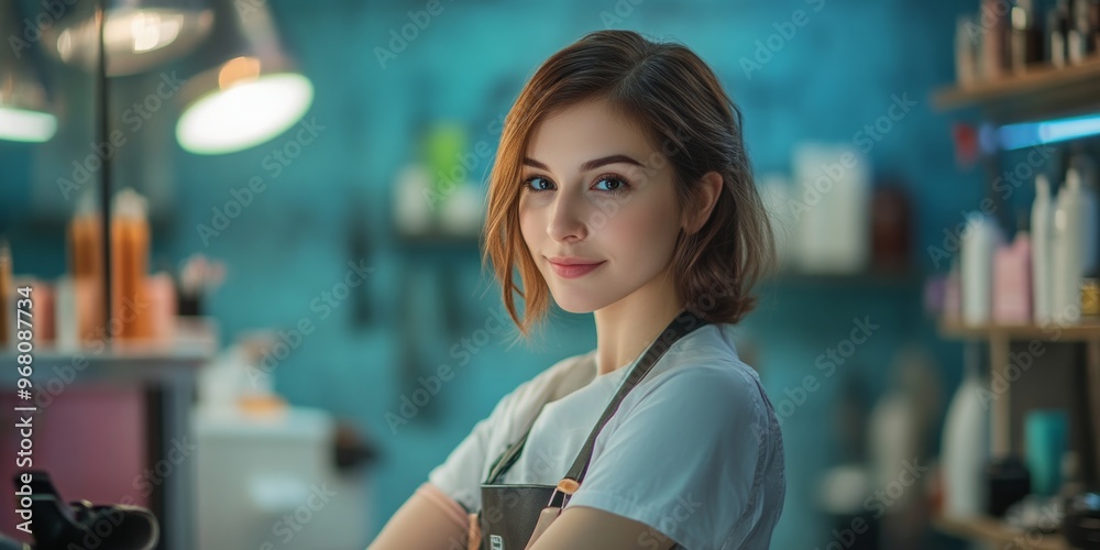 Young woman with a confident smile standing in a vibrant salon. She ...