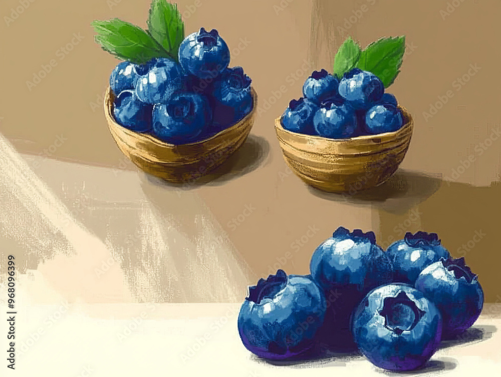 2D Vector Illustration of Blueberries in Wooden Bowls, Hand-drawn Style ...