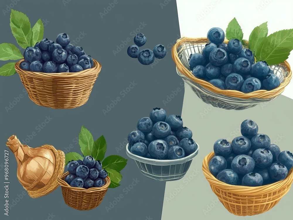 2D Vector Art of Blueberries in Various Baskets, Nature-Themed Game ...