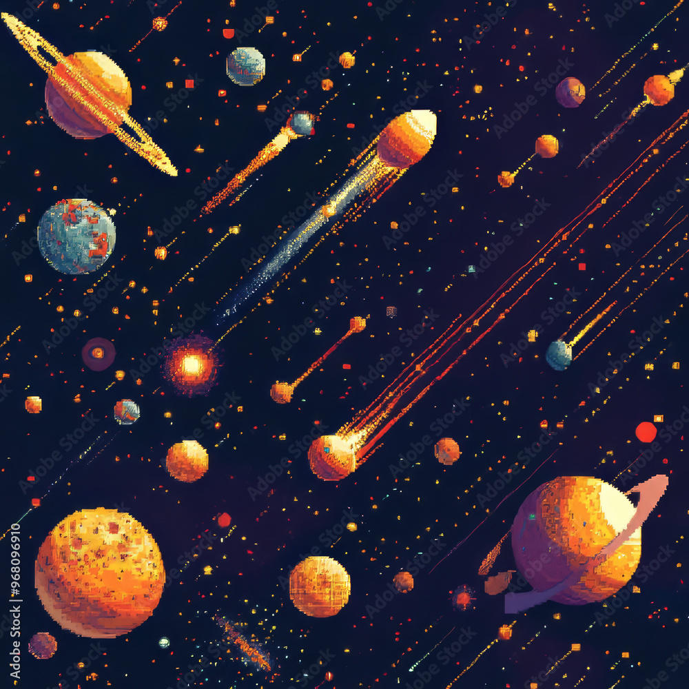 Pixel art space scene with planets and asteroids, vibrant cosmic ...