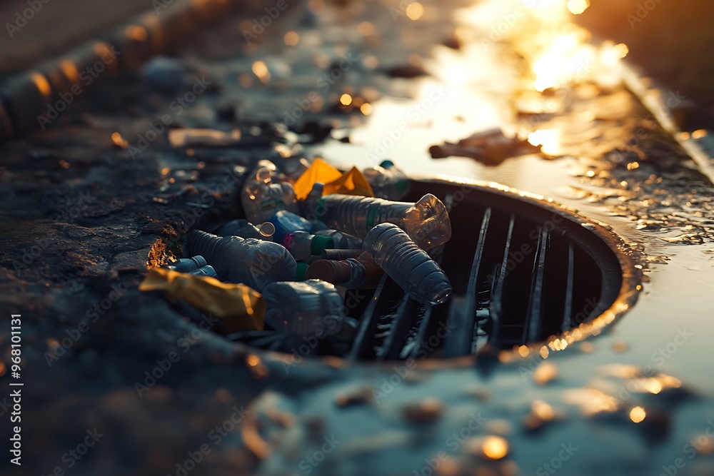 Plastic bottles clogging a sewer drain during sunset Stock Photo ...