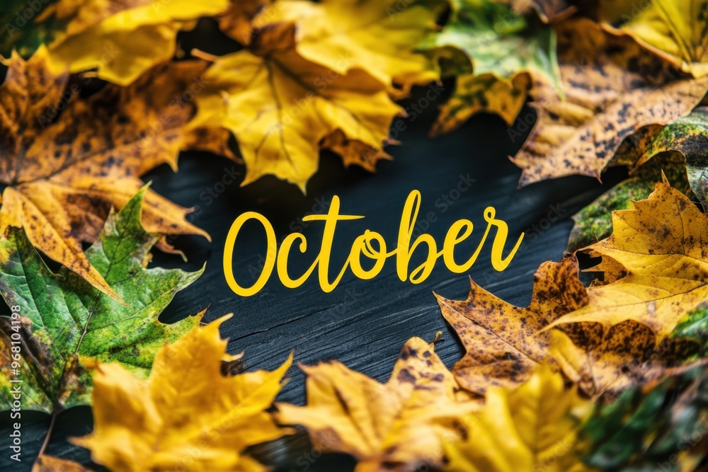 The word palette of yellow and green leaves with the text written in ...