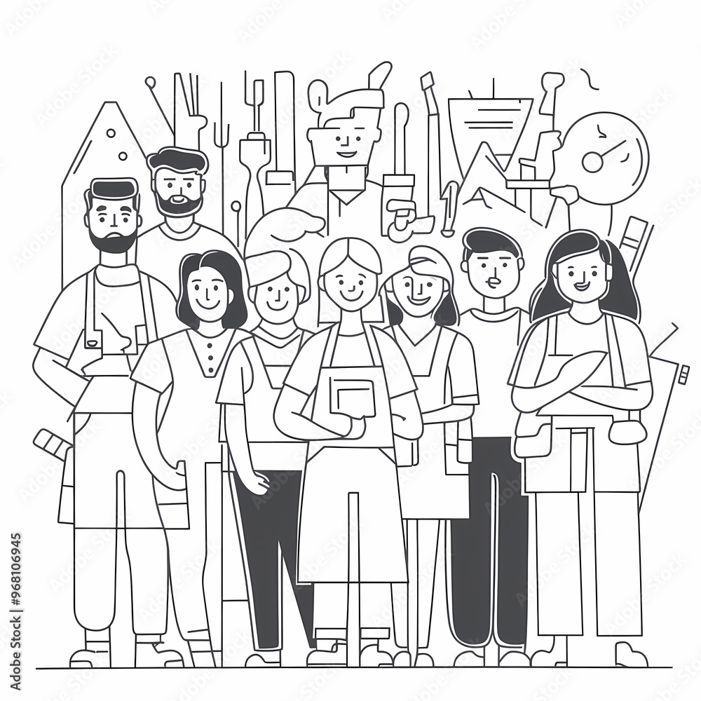 People of different professions together outline illustration, People ...