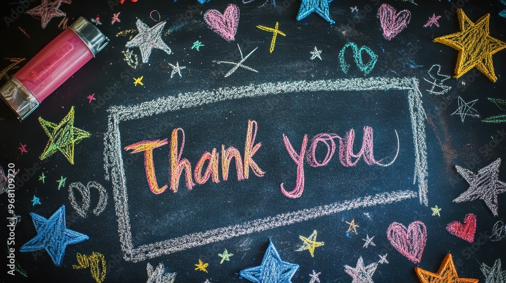 Brightly colored chalk spelling Thank you surrounded by stars and ...