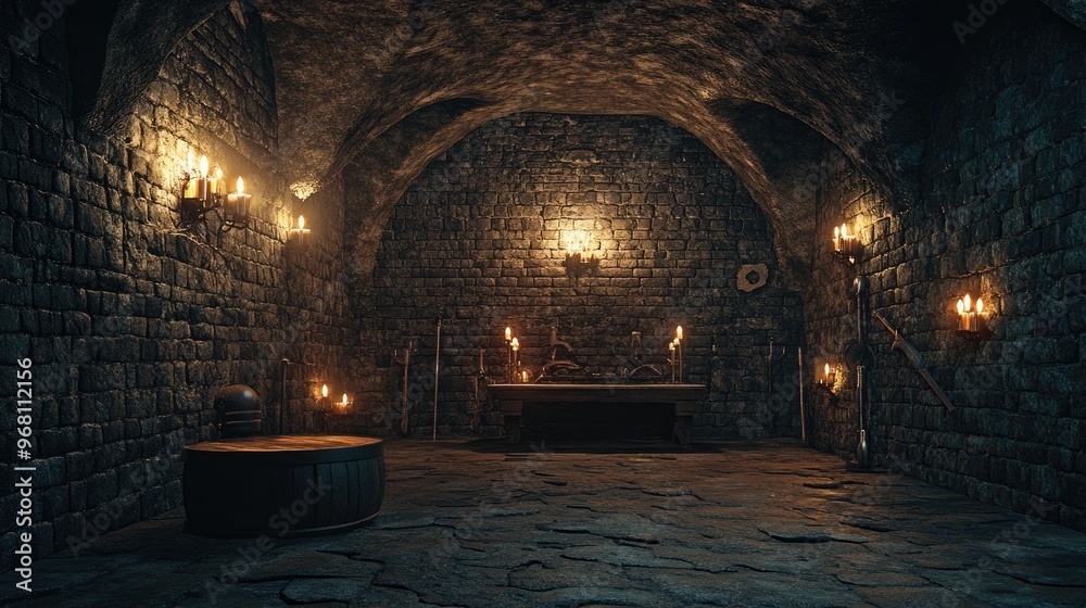 Interior of a mysterious dungeon featuring torture tools and dark ...