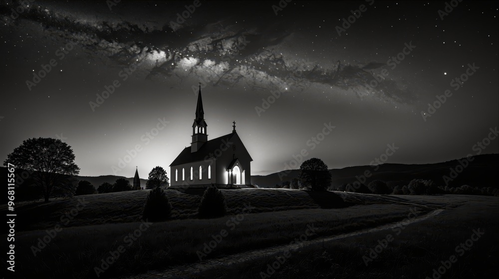 Generative AI, A small countryside church illuminated by the night sky ...