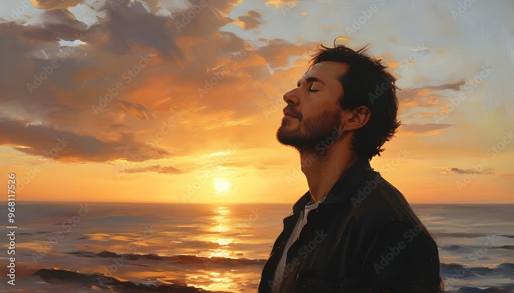 Tranquil seaside portrait of a man embracing the soothing warmth of ...