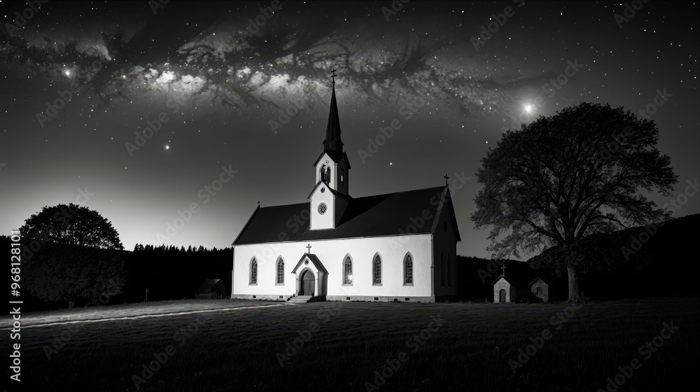 Generative AI, A small countryside church illuminated by the night sky ...