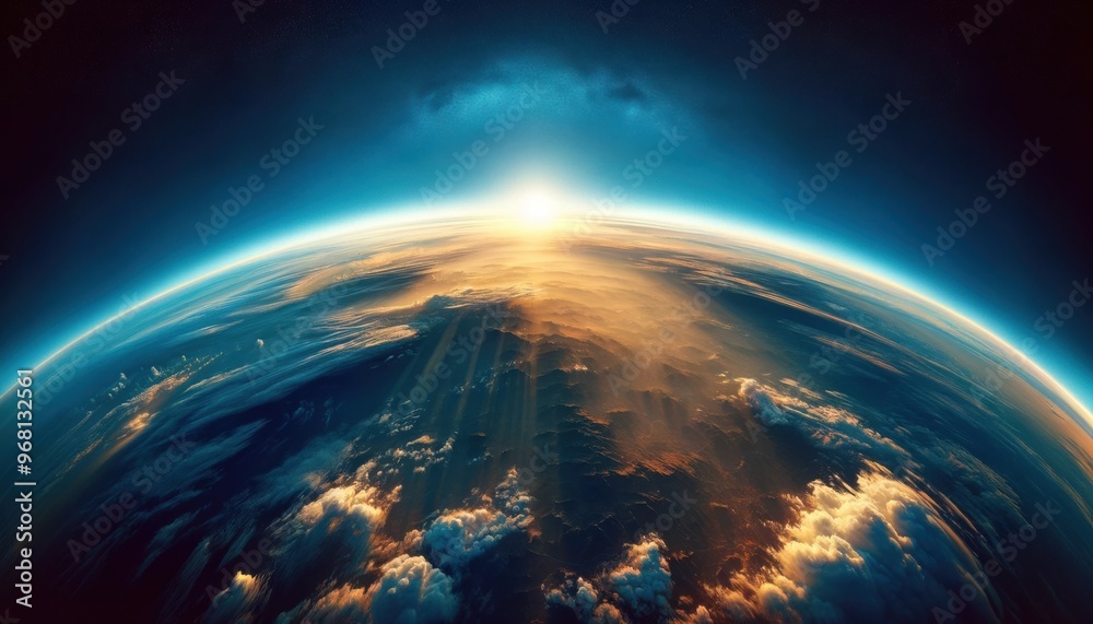 Sunrise over Earth from space, glowing atmosphere and clouds – concept for global perspective ...