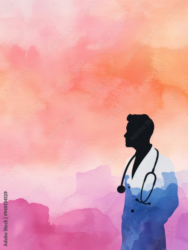 A silhouette of a doctor with a stethoscope, standing against a vibrant ...