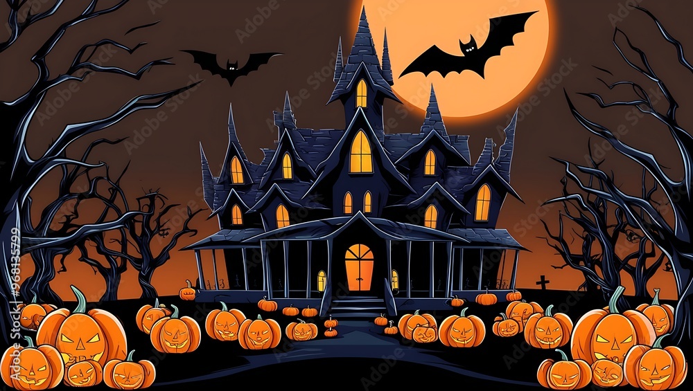 Cartoon Halloween background with black haunted house, window with ...
