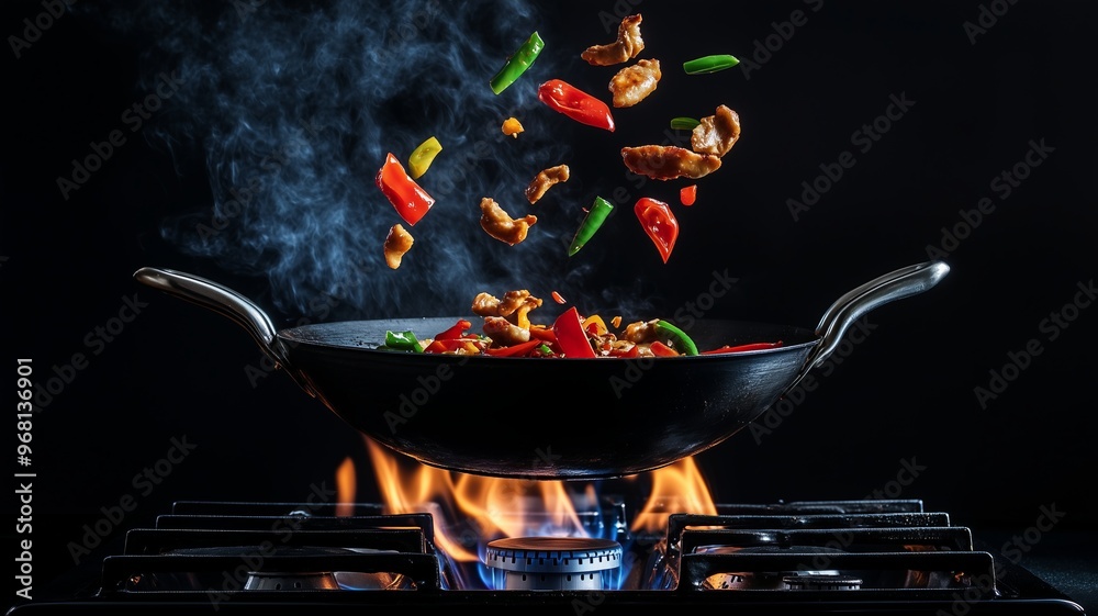 Flying wok with Asian food soaring out of it, above a gas stove with ...