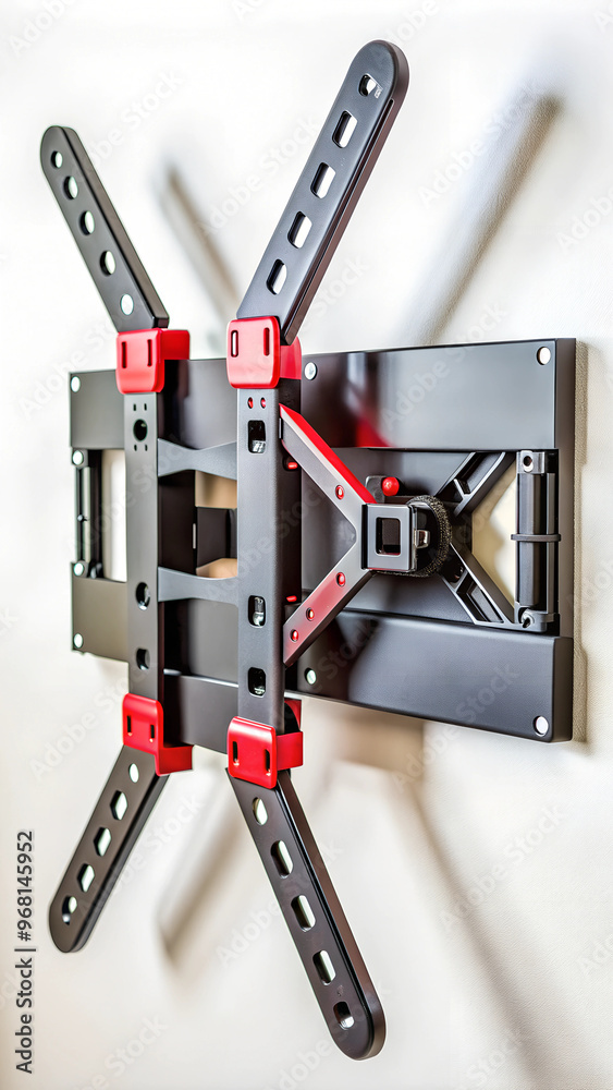 Swivel TV bracket LED display. Back view. X-shaped red fasteners. Black ...