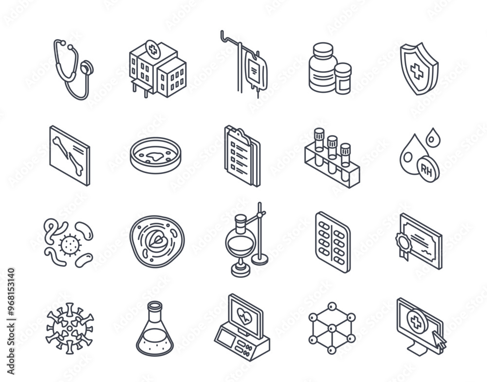 Set of medicine related line icons. Outline symbols with hospital, IV ...