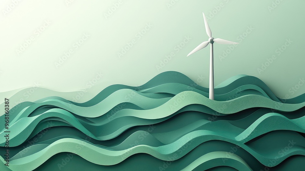 Stylized Wind Turbine on Green Wavy Hill with Clear Sky Background ...