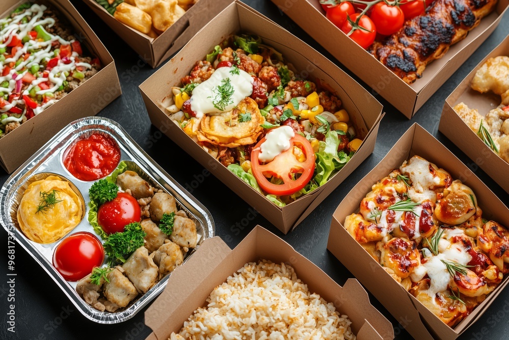 Food in takeout boxes, representing food delivery with a focus on ...