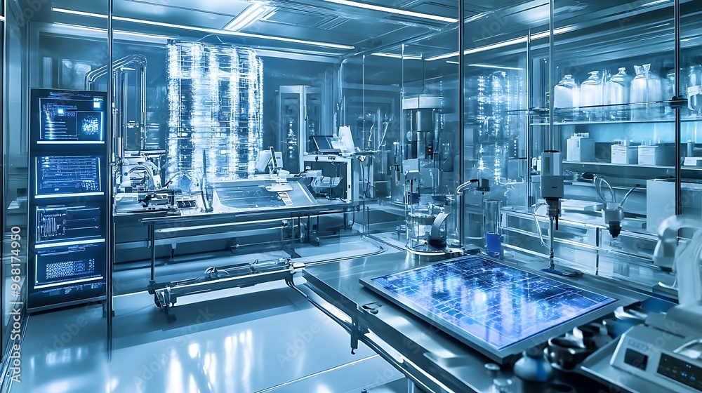 An advanced nanotechnology lab with nanoscale machines and AI-assisted ...