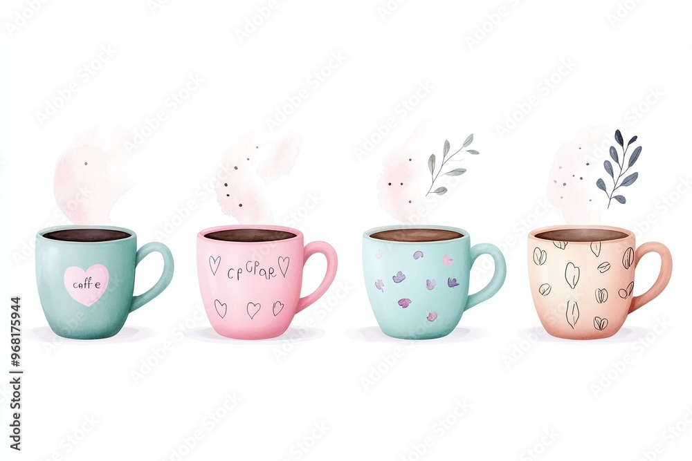 Pastel coffee cup illustration with hearts, leaves, and steam. Ideal ...