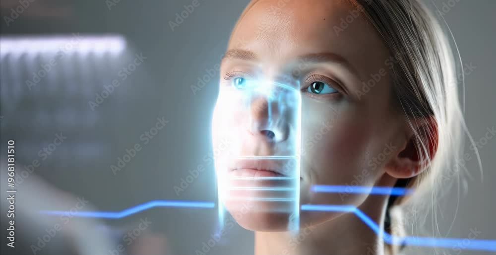 Face id scan, future. Portrait of young caucasian woman for face ...