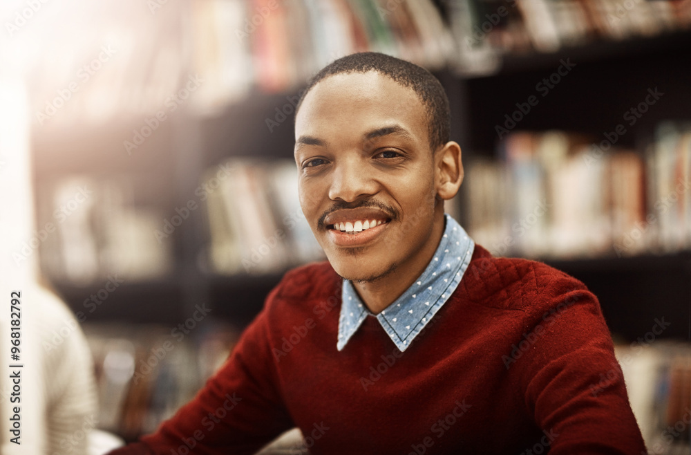 Portrait, student or happy black man in library with smile for ...
