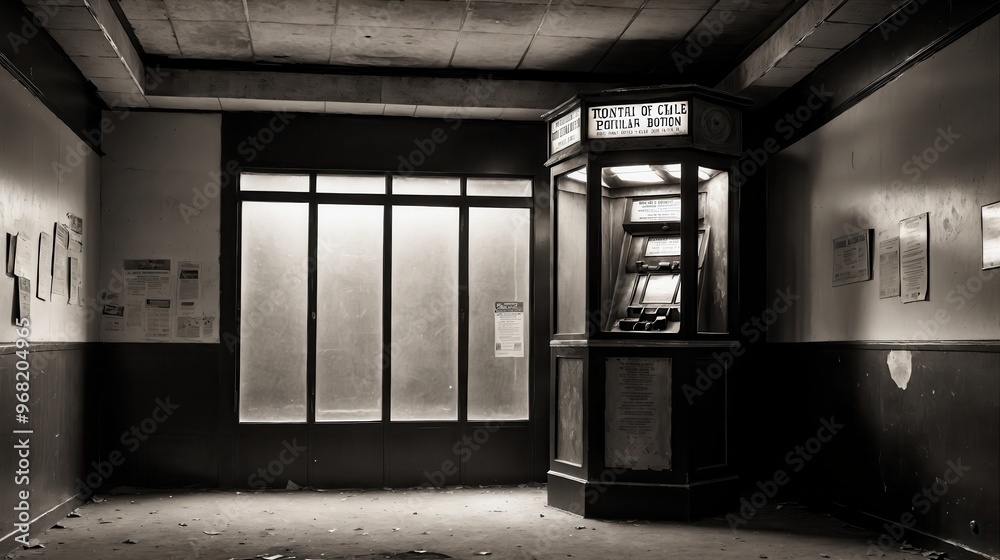 Generative AI, An abandoned, dimly lit ticket booth in a rundown ...