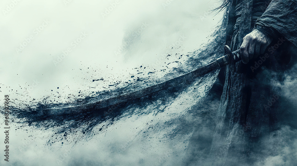 A samurai warrior with a katana sword in a mist with dark blue dust and ...