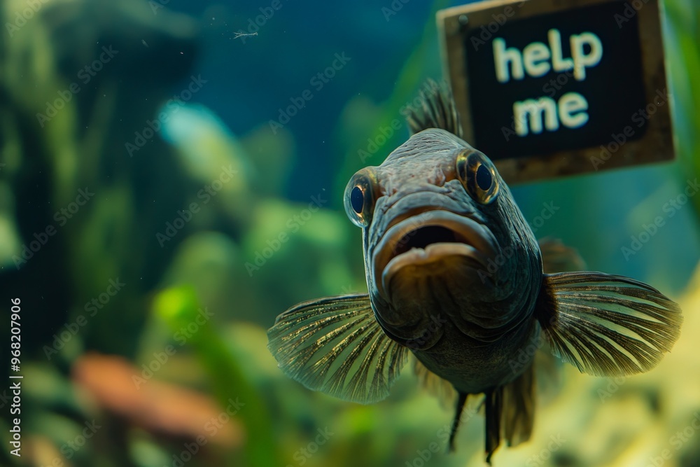 An underwater scene featuring a fish with an expressive face holding a ...