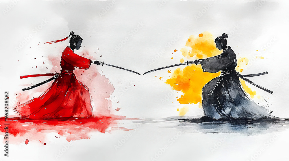 Two samurai warriors clash swords in a watercolor painting, one in red ...