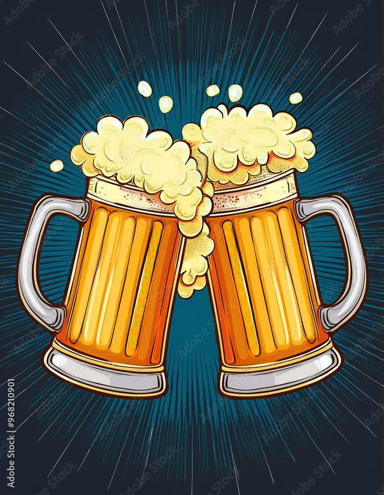 beer cheers vector. Two toasting beer mugs, Cheers. Clinking glass ...
