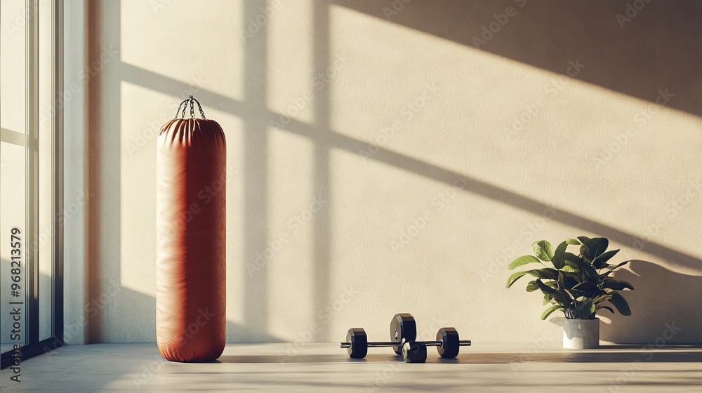 punching bag in a boxing gym. Dumbbell and boxing glove on a cream ...