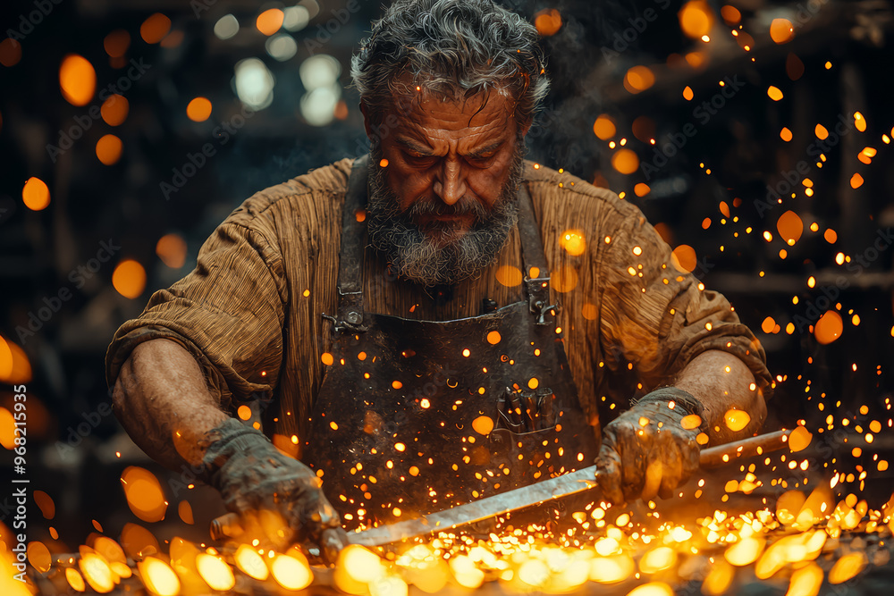A blacksmith forging a sword in a fiery workshop. Concept of ...