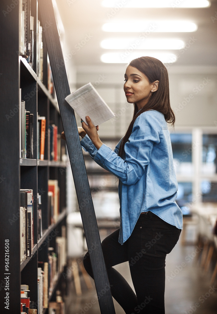 Woman, college student and read on bookshelf with ladder for text book ...
