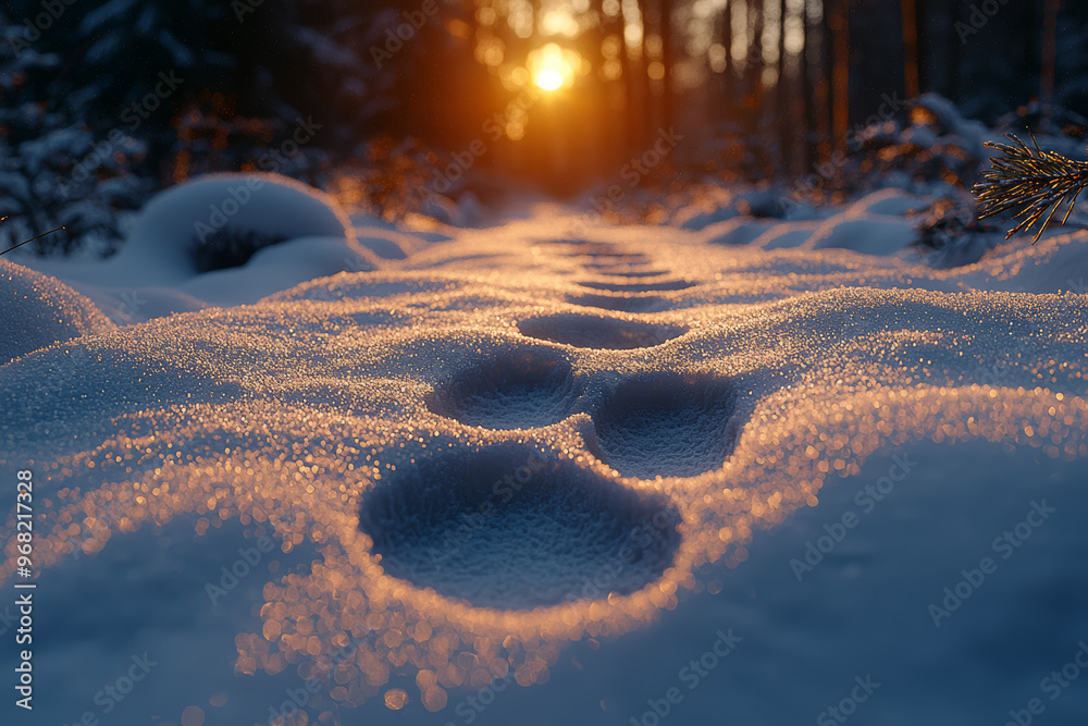 Animal tracks in fresh snow creating a trail through a forest, showing ...