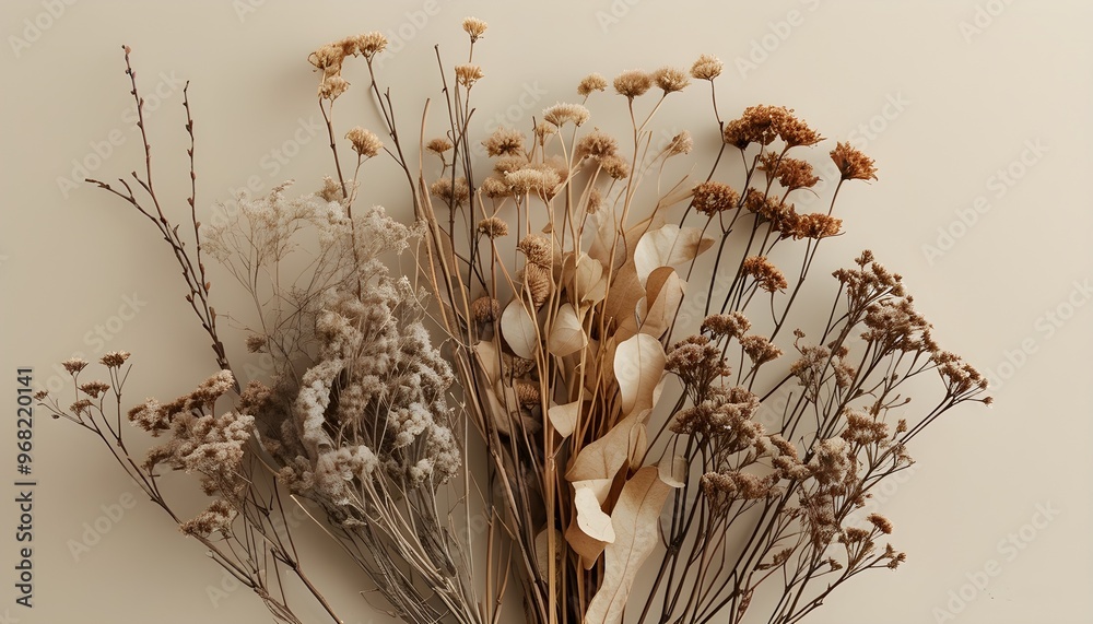 Elegant arrangement of dried flowers and branches on soft beige ...