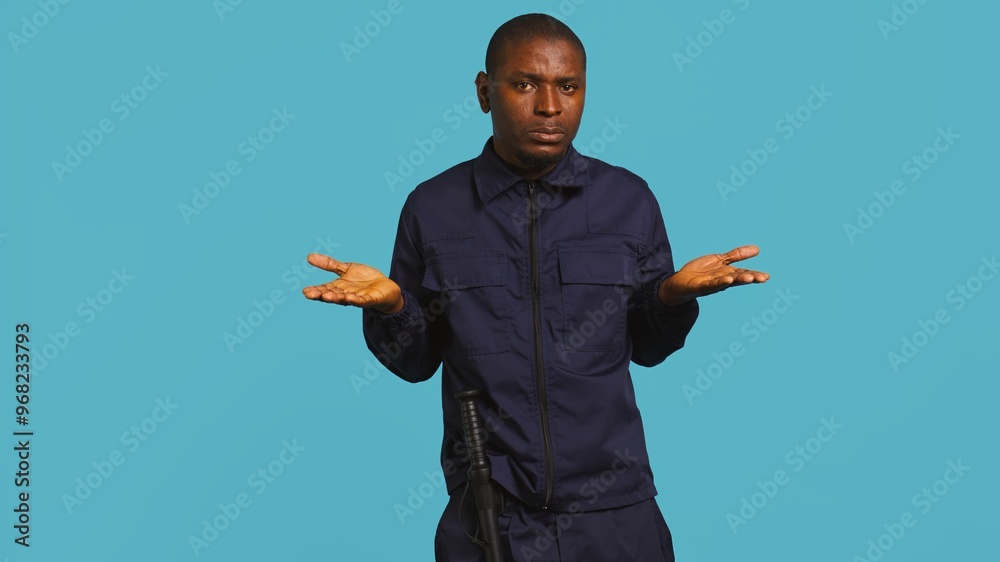 Clueless security guard shrugging shoulders, unable to answer people ...